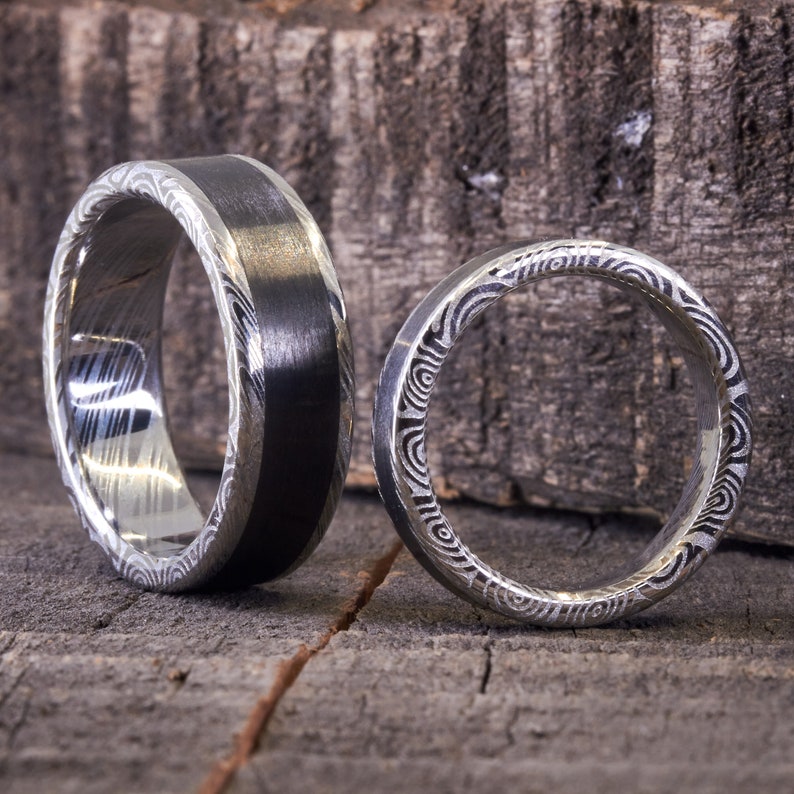 Damascus Steel Wedding Bands With Carbon Fiber Damascus Steel - Etsy