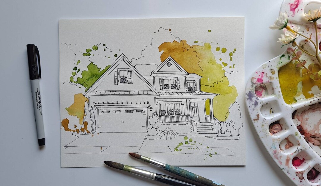 House PEN AND INK Watercolor Painting // Pen and Ink Art // Birthday ...