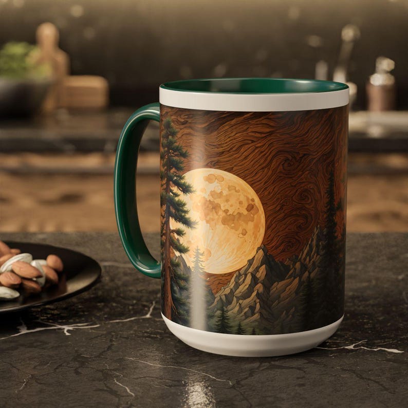 Mountain and Forest Pines Mug, Woodland Coffee Cup, Carved Wood Stylish ...