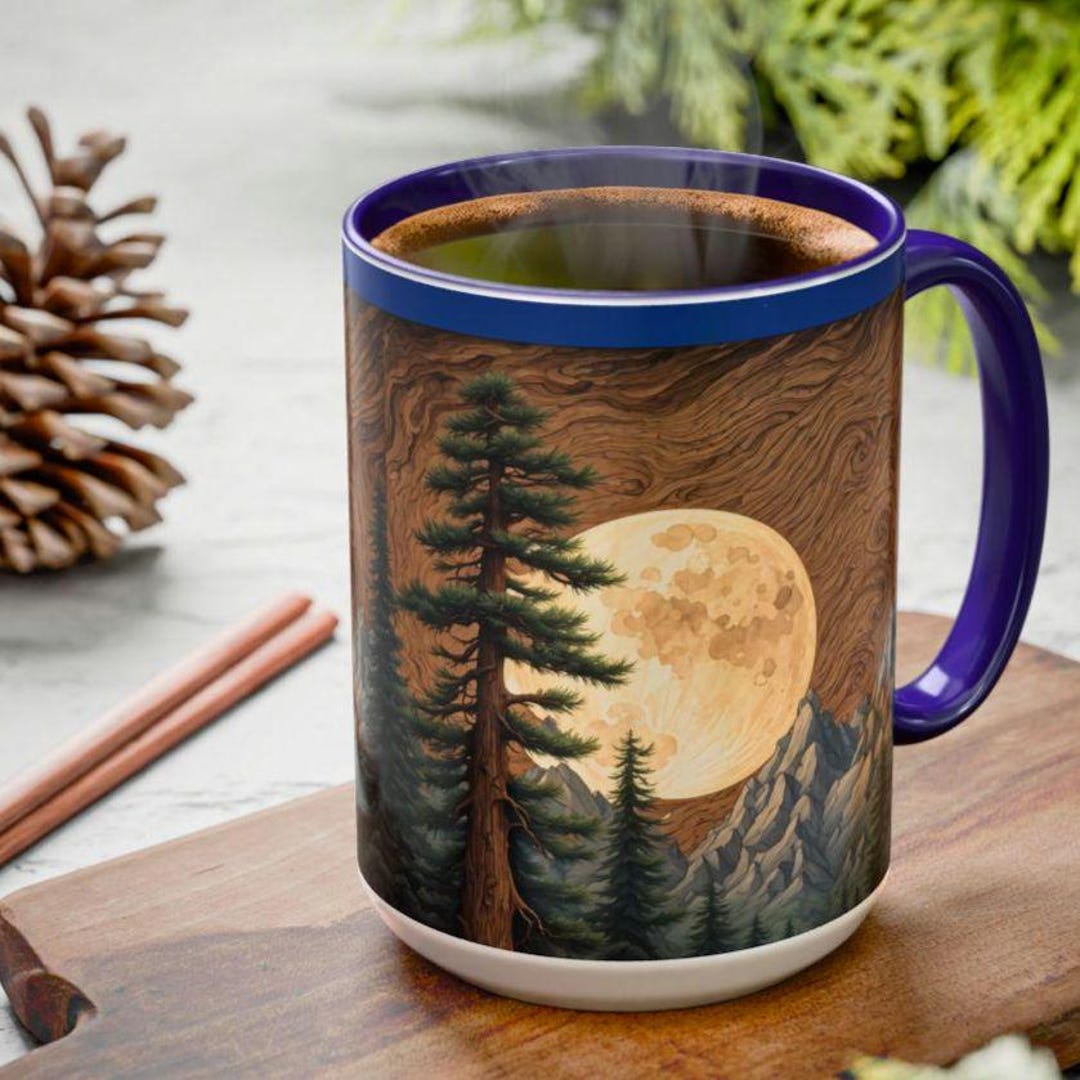 Mountain and Forest Pines Mug, Woodland Coffee Cup, Carved Wood Stylish ...