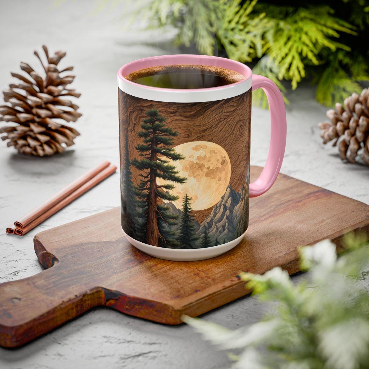 Mountain and Forest Pines Mug, Woodland Coffee Cup, Carved Wood Stylish ...