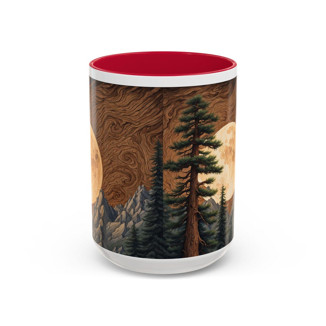 Mountain and Forest Pines Mug, Woodland Coffee Cup, Carved Wood Stylish ...