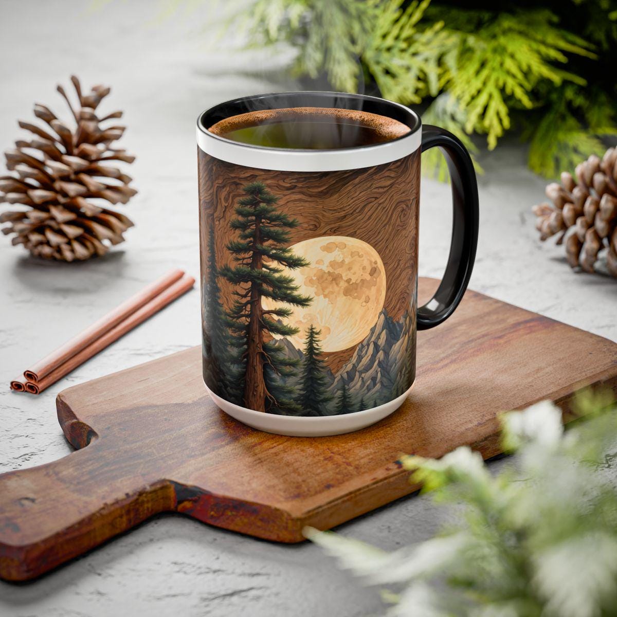 Mountain and Forest Pines Mug, Woodland Coffee Cup, Carved Wood Stylish ...