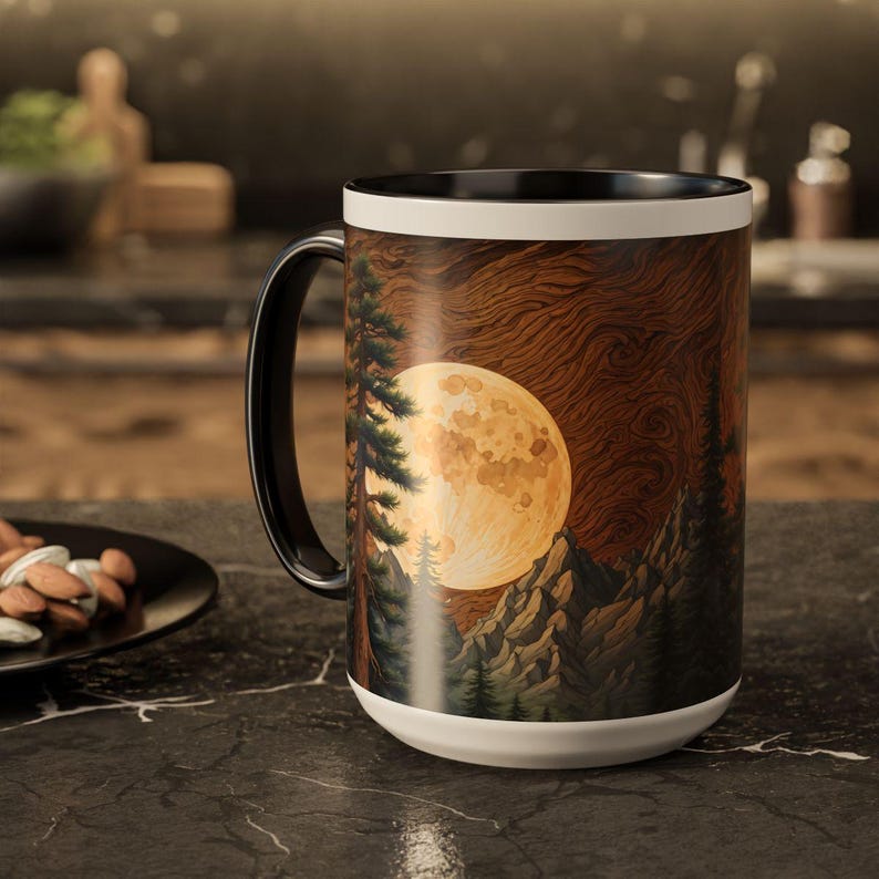 Mountain and Forest Pines Mug, Woodland Coffee Cup, Carved Wood Stylish ...