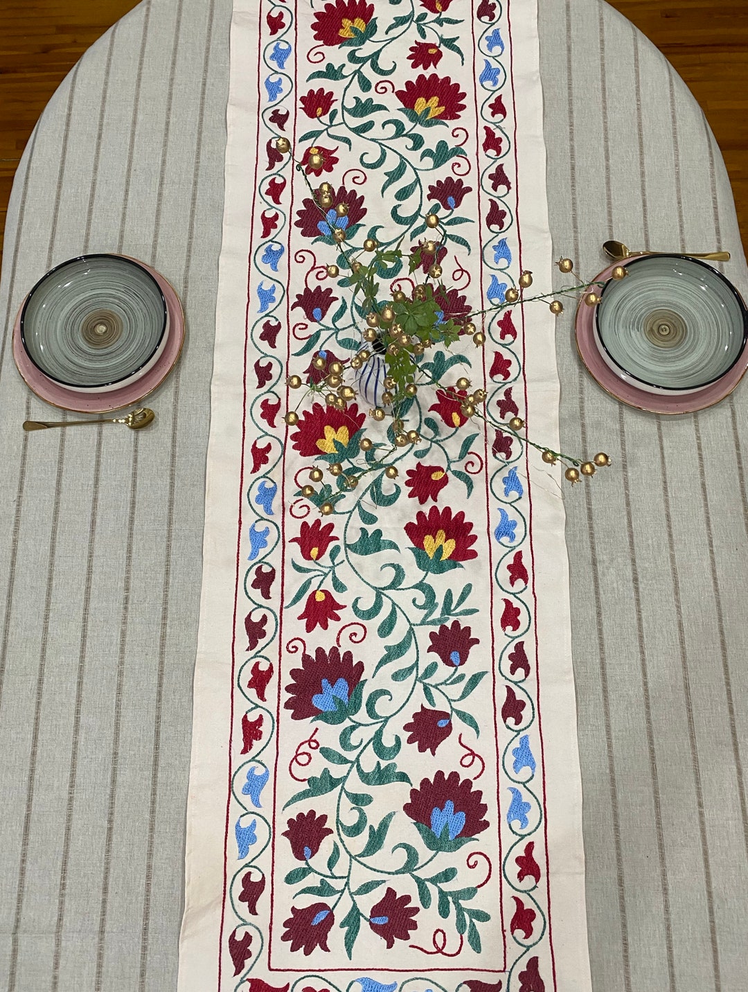 Uzbek Suzani Table Runner Uzbekistan Narrow Tablecloth, 19 X 67 Inch ...