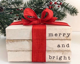 Christmas Book Stack, Merry and Bright Decorative Book Stack, Farmhouse ...
