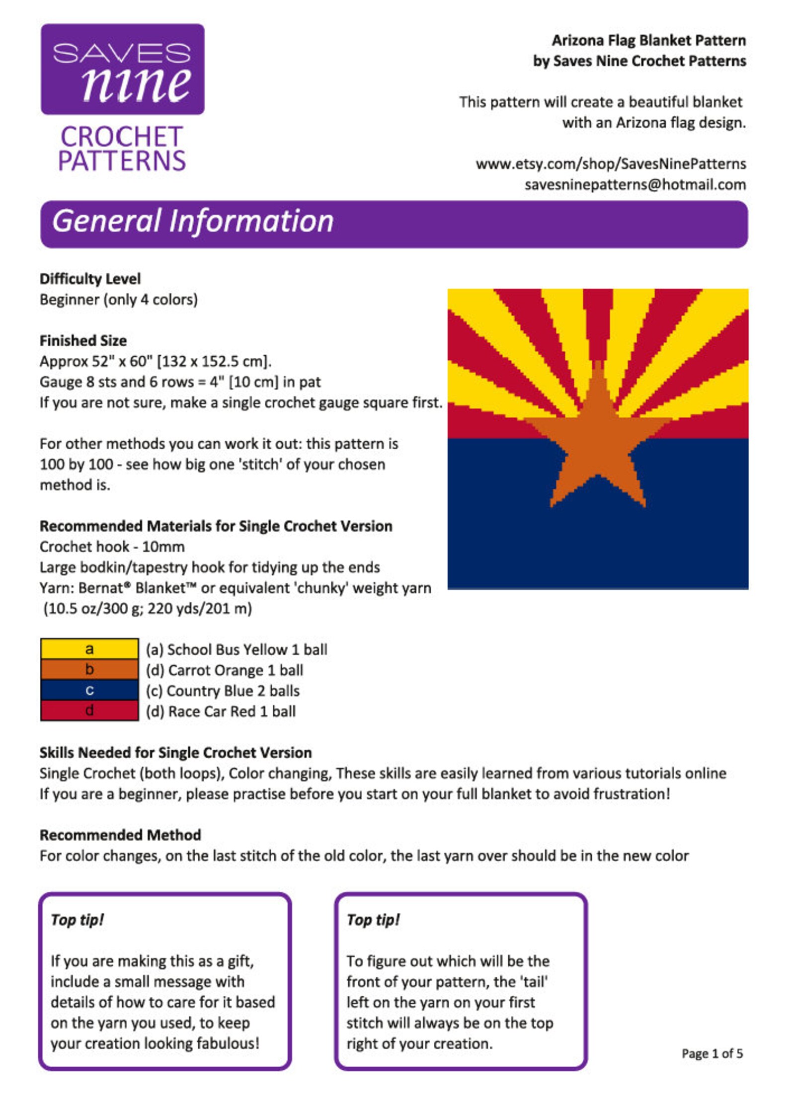 Arizona State Flag Crochet Blanket Pattern, Row by Row, Grid, Single ...