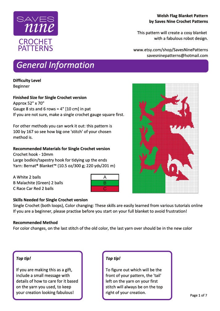 Welsh Flag, Crochet Blanket Pattern, Row by Row, Single Crochet ...