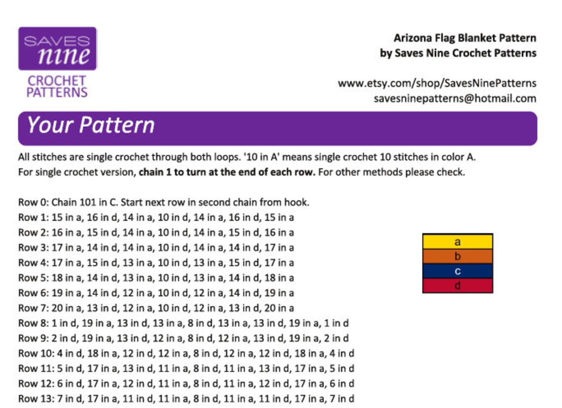 Arizona State Flag Crochet Blanket Pattern, Row by Row, Grid, Single ...