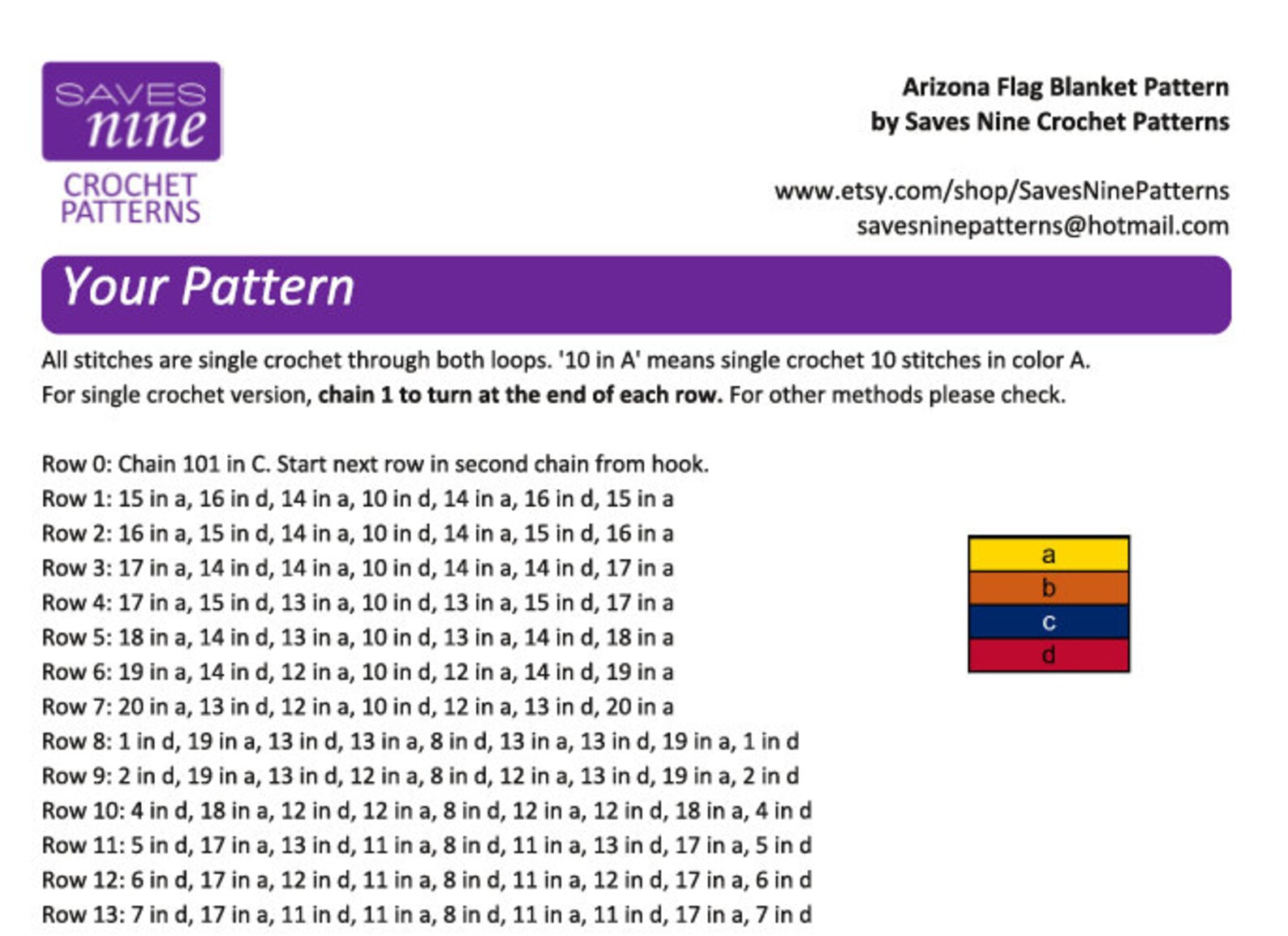 Arizona State Flag Crochet Blanket Pattern, Row by Row, Grid, Single ...