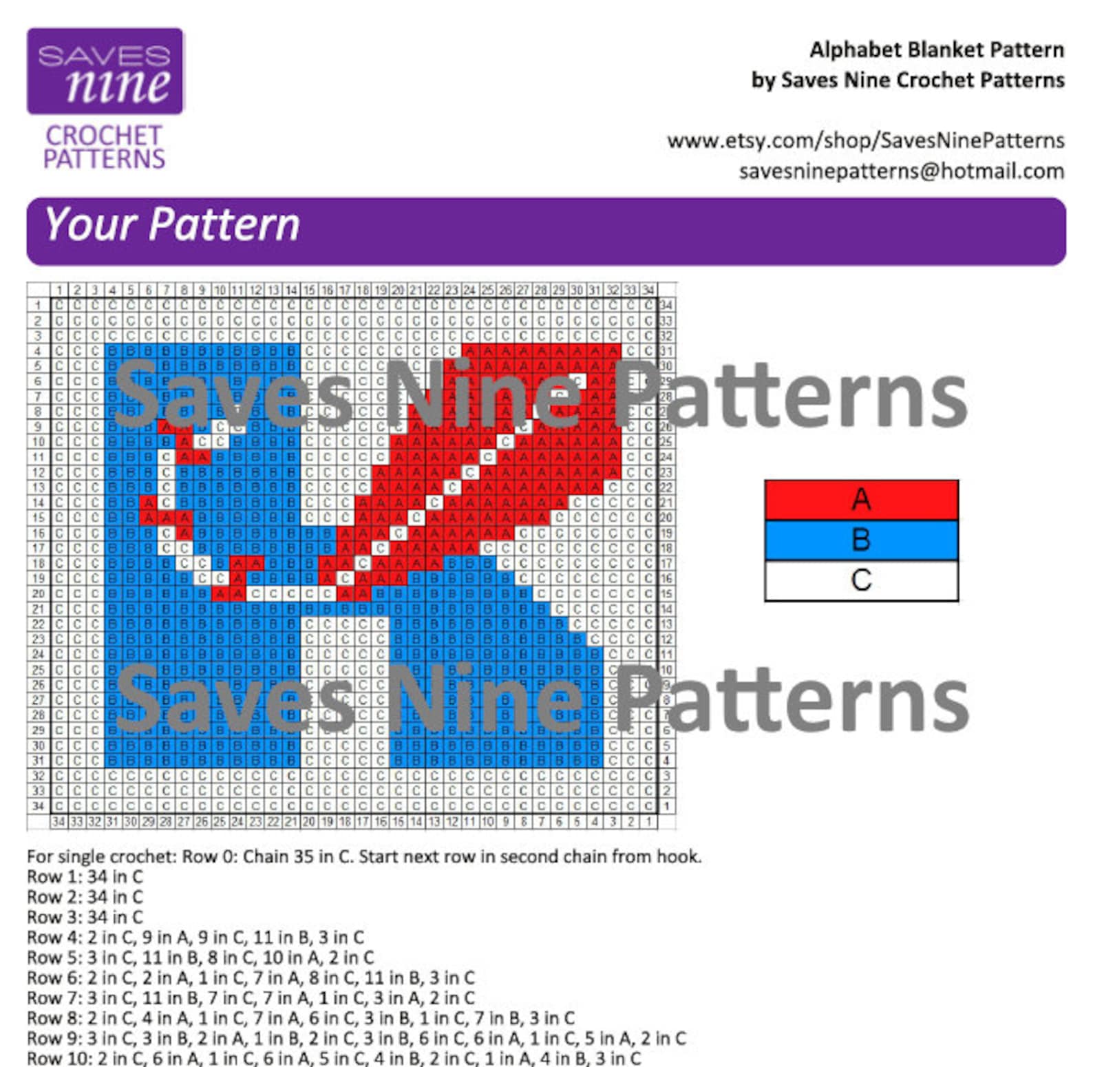 ABC Crochet, Blanket Pattern, Blanket, Play Mat, Row by Row, Grid, Single Crochet, C2C, Written ...