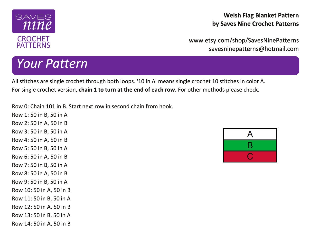Welsh Flag, Crochet Blanket Pattern, Row by Row, Single Crochet ...