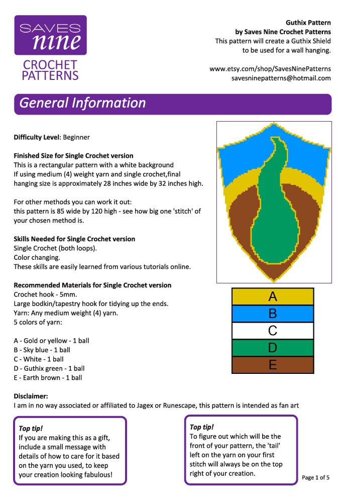Runescape Guthix Wall Hanging Pattern grid row by row c2c | Etsy