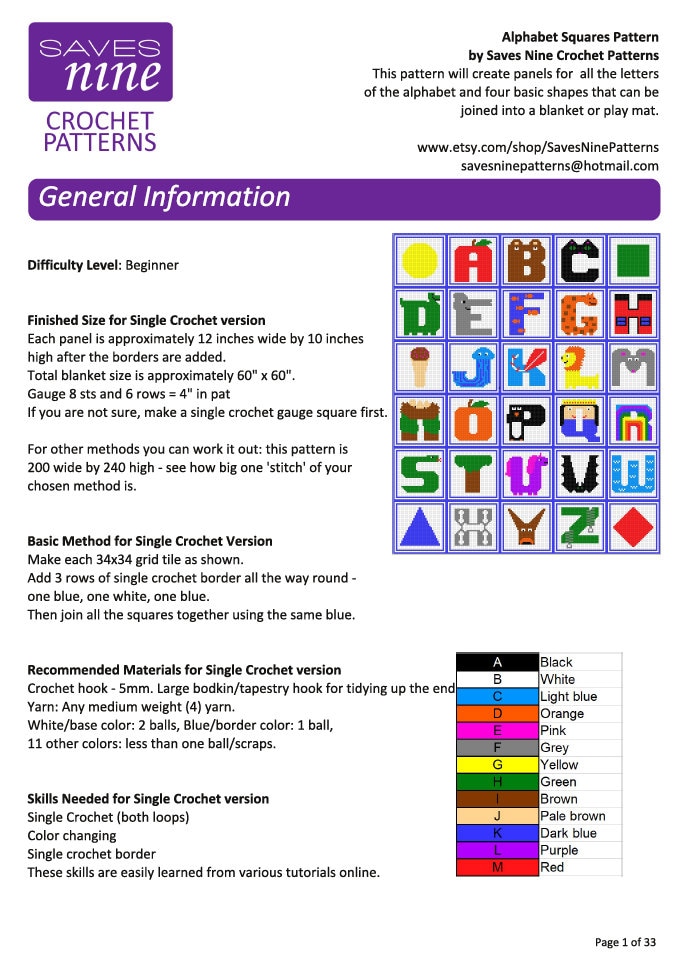 ABC Crochet, Blanket Pattern, Blanket, Play Mat, Row by Row, Grid, Single Crochet, C2C, Written ...