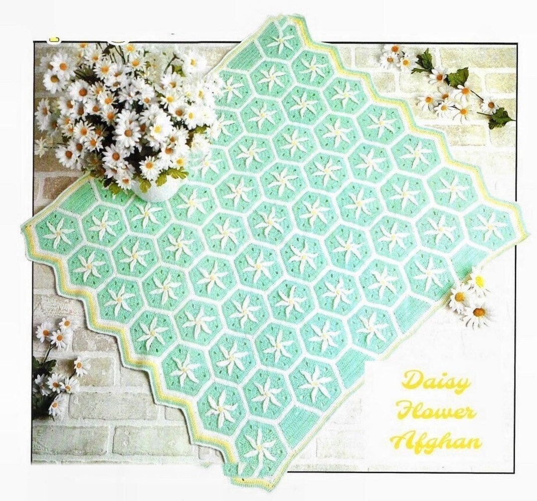 Vintage Crochet Pattern Daisy Flower Afghan Blanket Floral Motif Throw ...