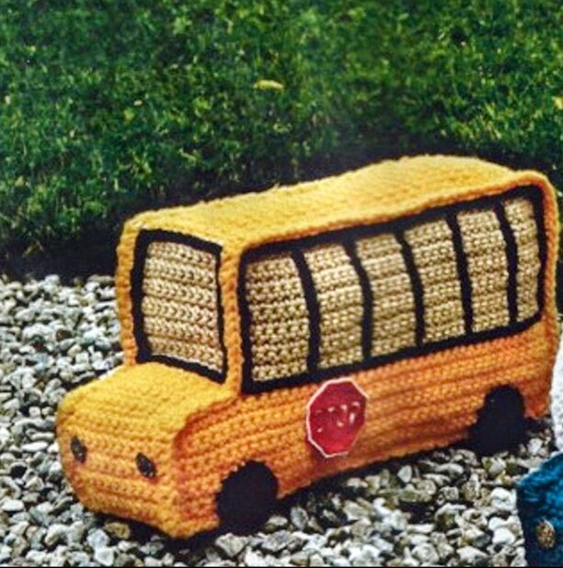 Vintage Crochet Pattern School Bus and Mail Truck Plush Pillow Toys ...