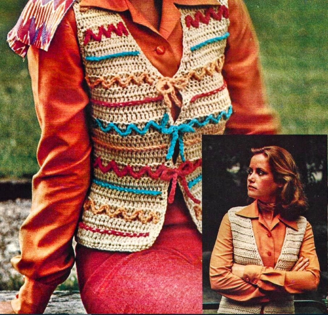 Vintage 70's Crochet Pattern Reversible Cardigan Sweater Waistcoat Vest ...