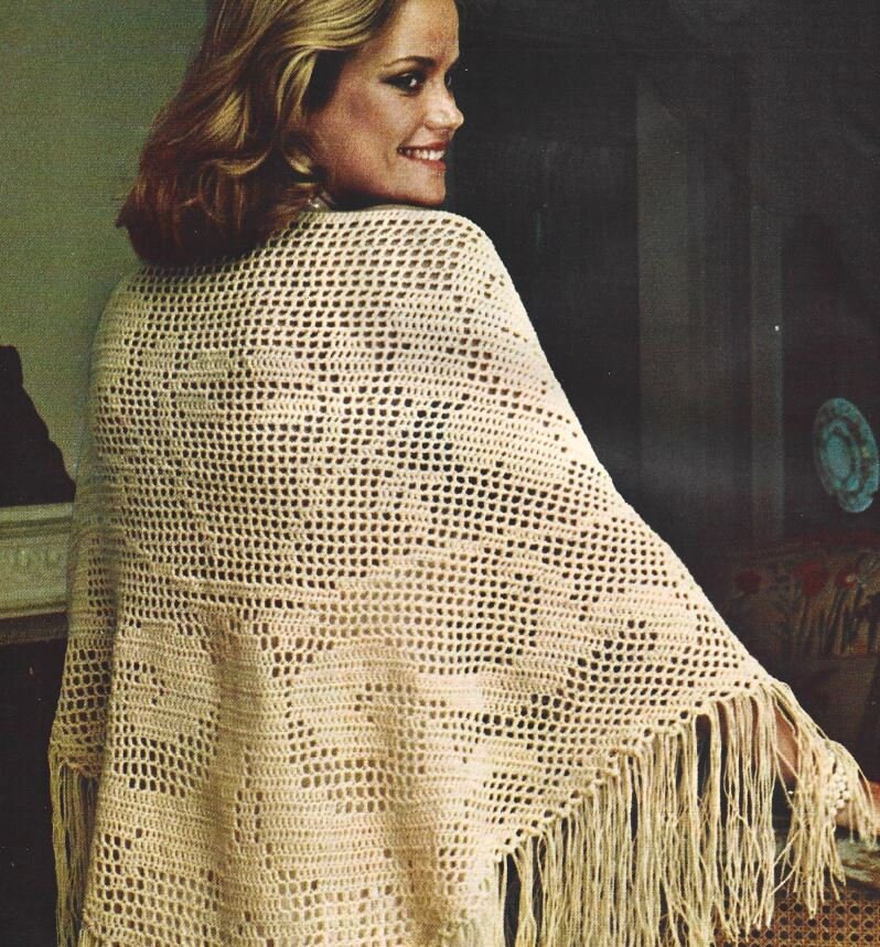 Vintage Filet Crochet Shawl Pattern: Boho Fringe Triangle Wrap (PDF ...