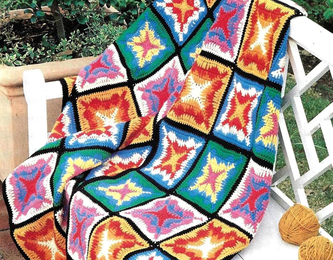 Vintage Crochet Pattern: Granny Square Style Afghan, Colorful Fireworks ...
