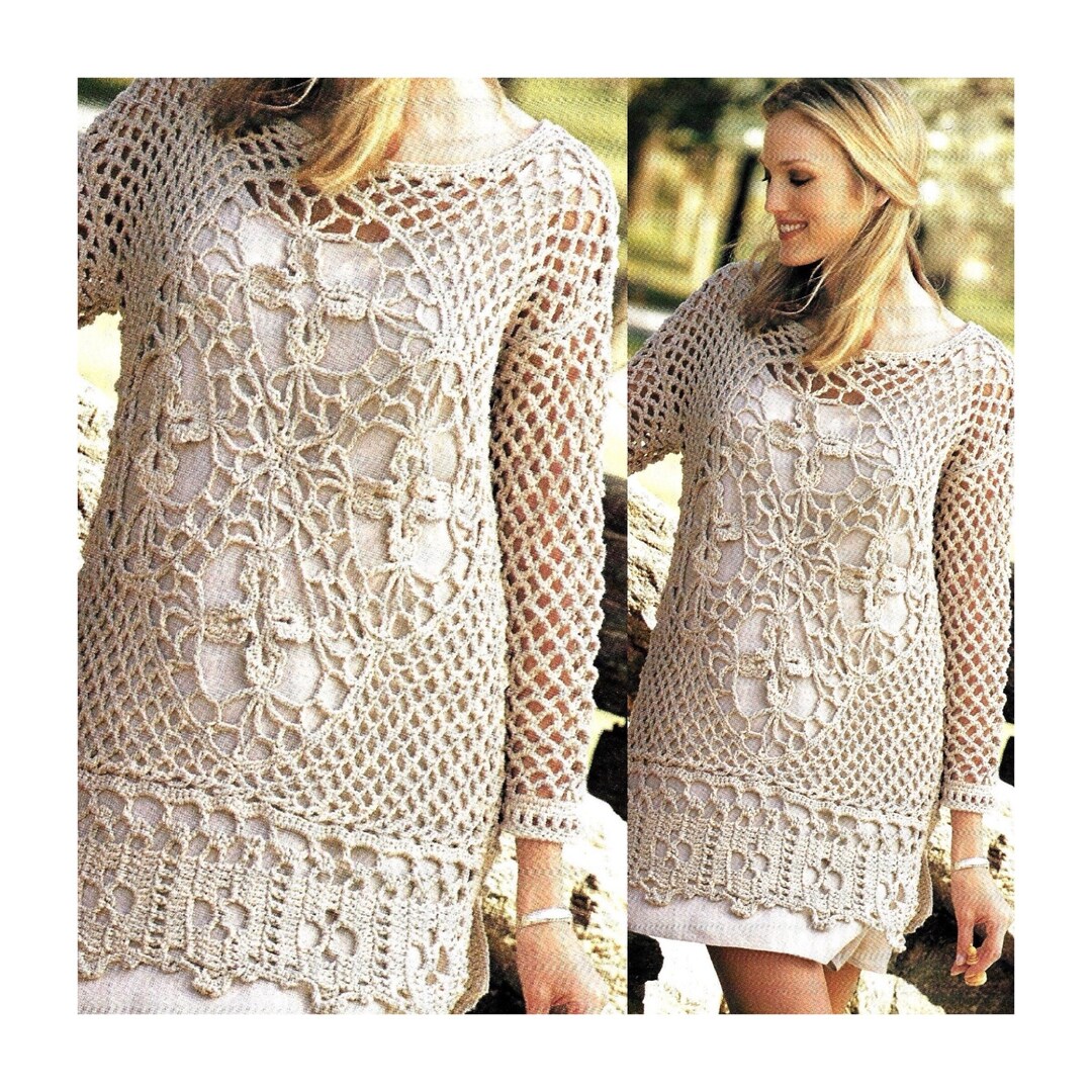 Vintage Crochet Pattern Openwork Tunic Top PDF Instant Digital Download Pullover Mesh Long ...