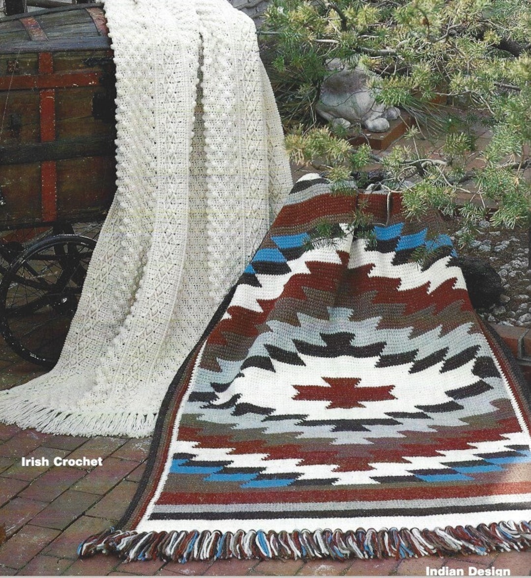 Vintage Crochet Patterns 2 Afghan Blankets Aztec Indian Blanket Aran ...