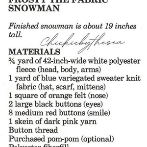 Vintage Sewing Pattern Plush 19" Frosty Snowman Soft Fleece Fabric Toy ...