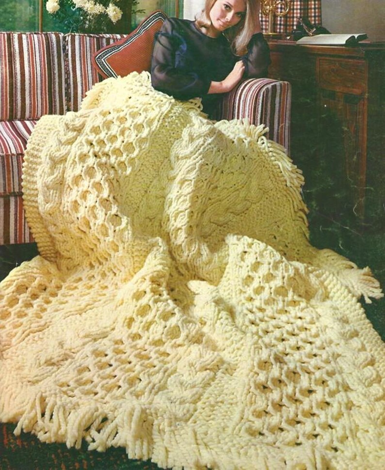 Vintage Afghan Knitting Pattern Aran Fisherman Throw Blanket PDF ...