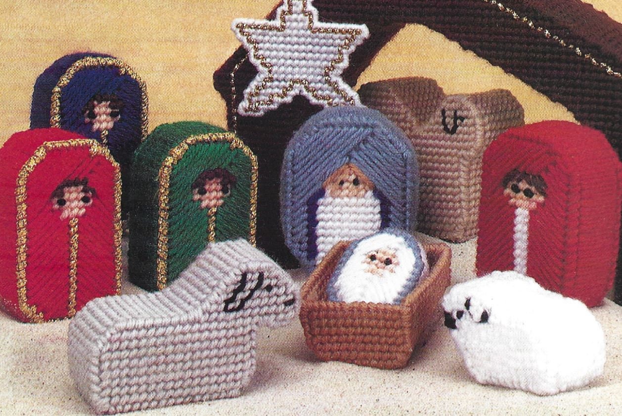 Plastic Canvas Christmas Pattern Nativity Set Folk Art Style Baby Jesus ...