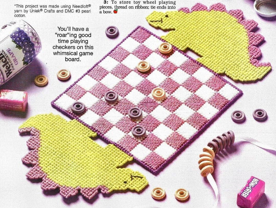 Vintage Plastic Canvas Pattern Dinosaur Checkers Board Game Kids Toys ...