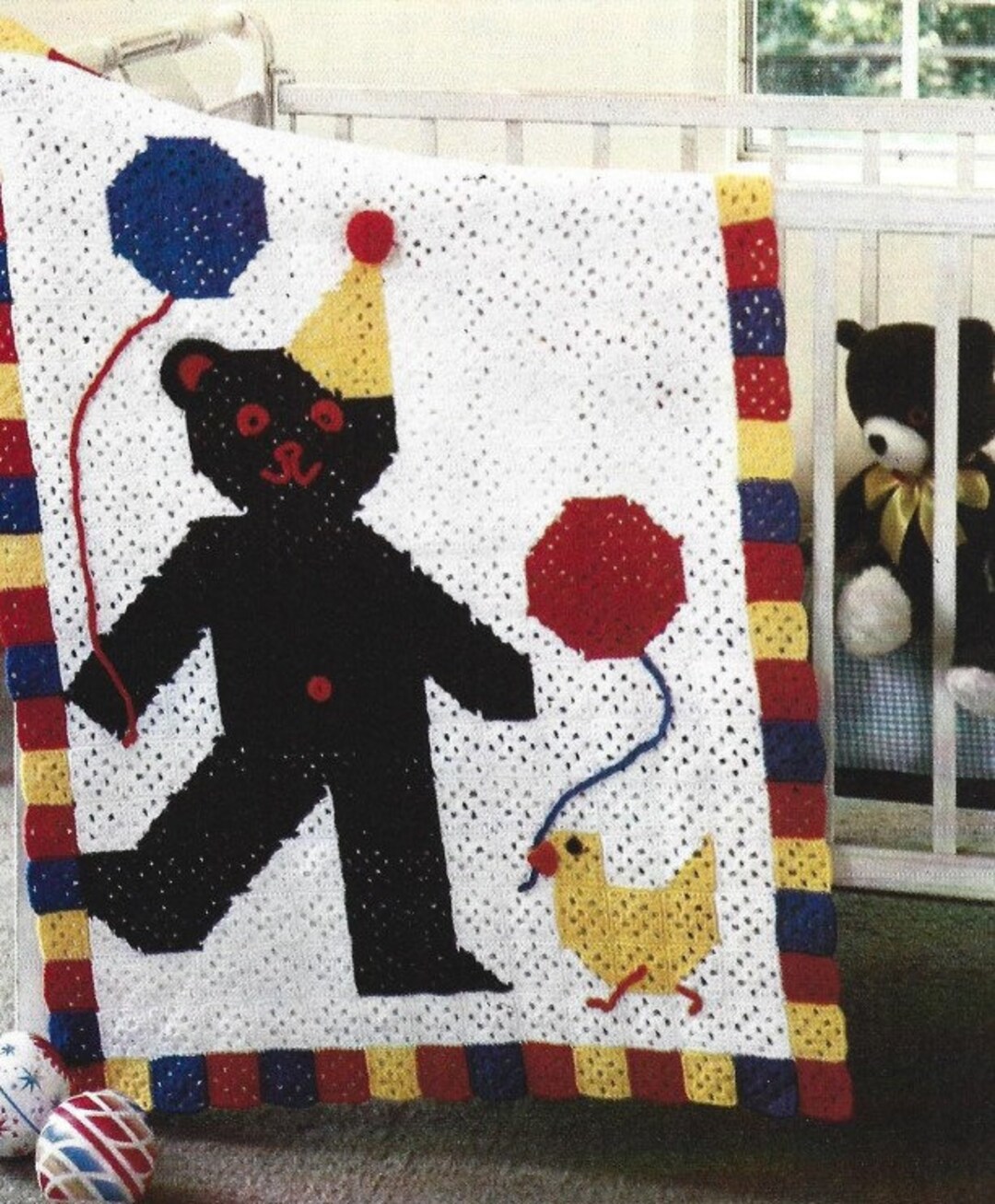 Vintage Crochet Pattern Granny Square Teddy Bear Picture Afghan Baby ...