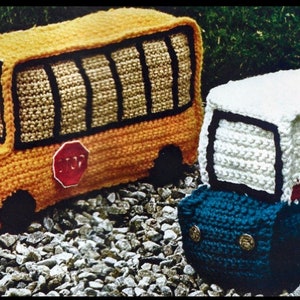 Vintage Crochet Pattern School Bus and Mail Truck Plush Pillow Toys ...