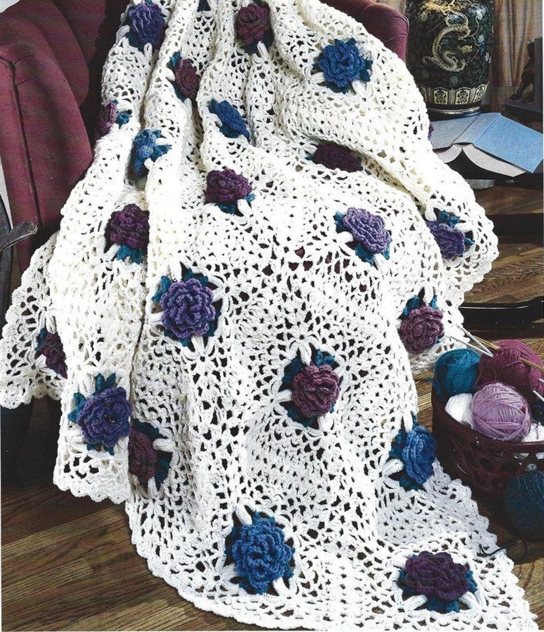 Vintage Crochet Pattern Roses on Lace Afghan Blanket PDF Instant ...