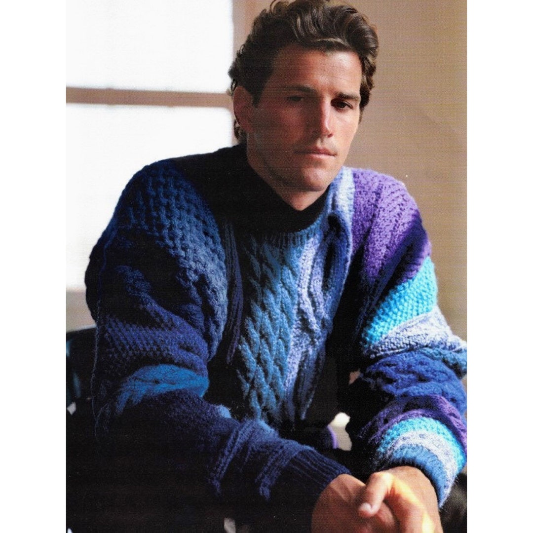 Men’s Vintage Knitting Pattern Aran Oversized Pullover Sweater Vertical ...