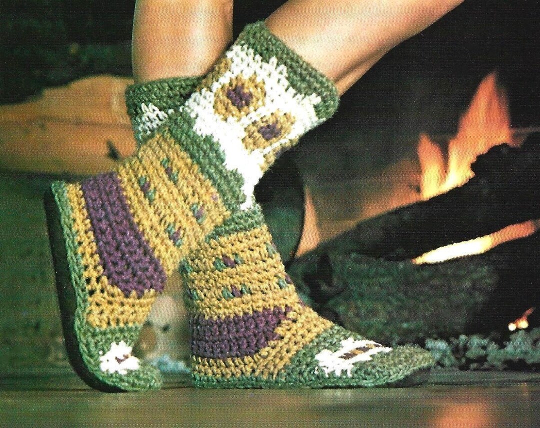 Vintage Crochet Fair Isle Slipper Boots Pattern: Fur Lined House Shoes ...