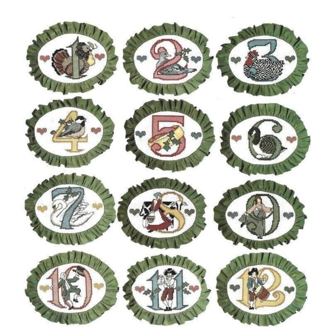 Vintage Cross Stitch Pattern 12 Days of Christmas Ornaments Set of 12 ...