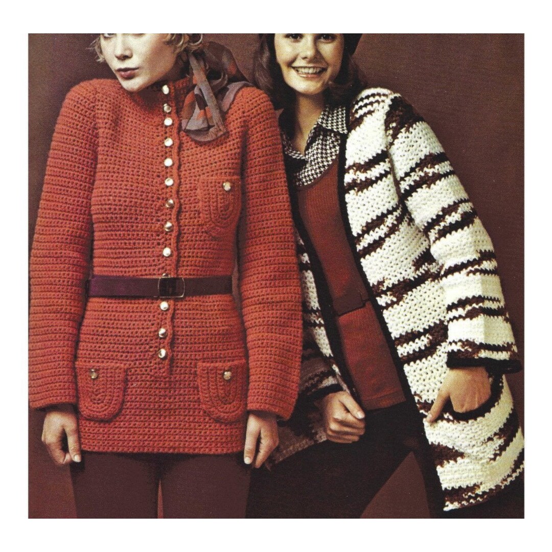Vintage 70s Crochet Pattern Pullover Tunic Top and Striped Cardigan ...