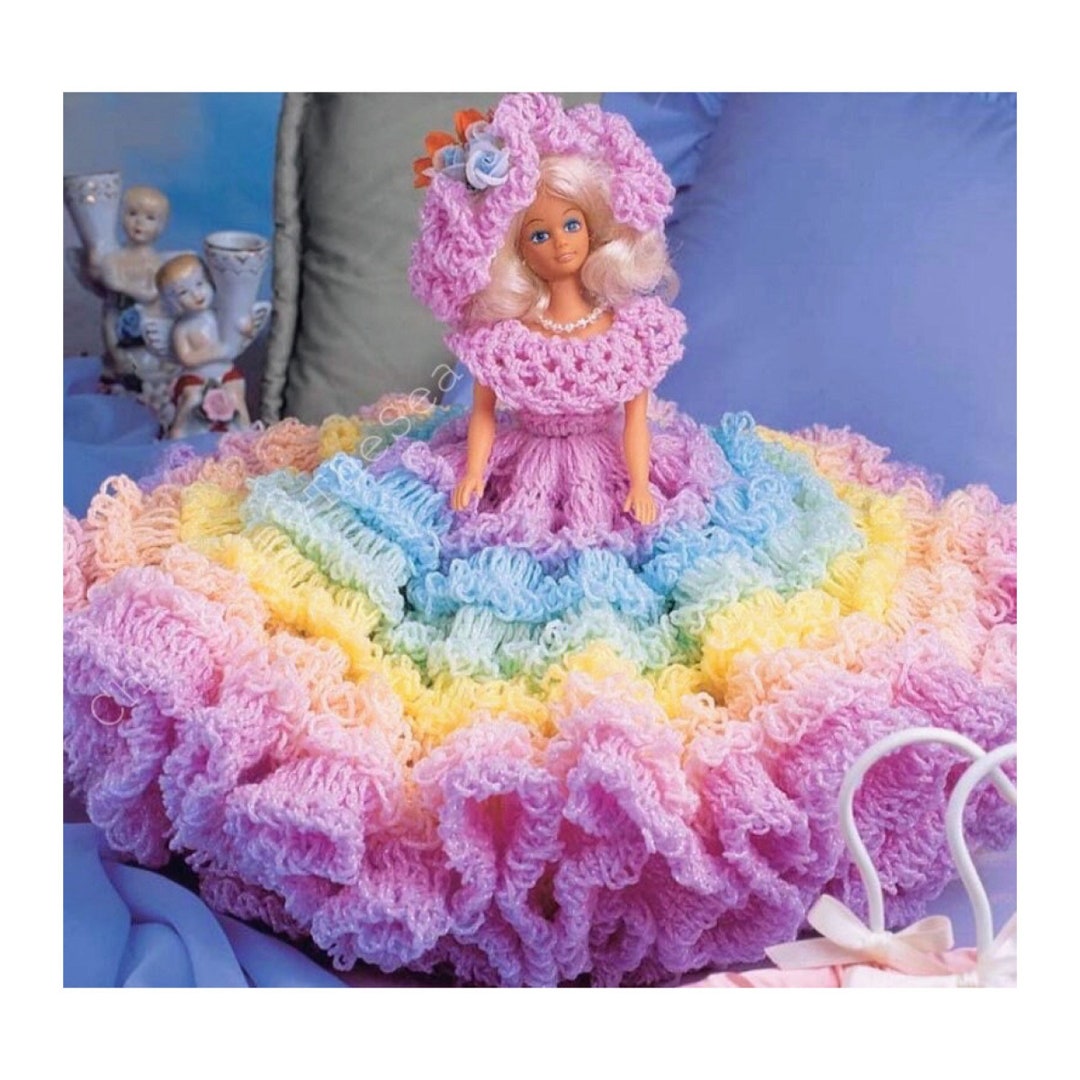 Vintage Crochet Pattern Barbie Doll Rainbow Ruffle Dress and Matching ...