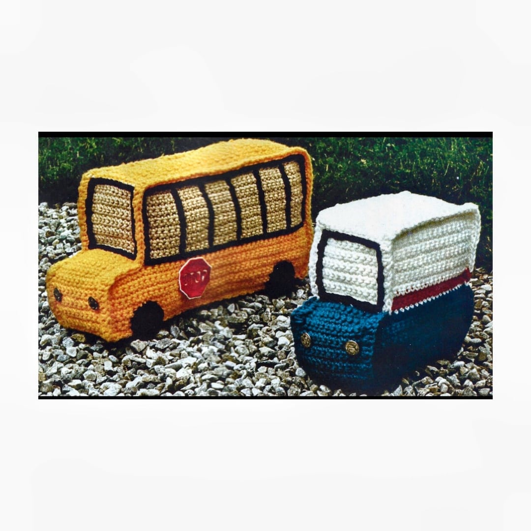 Vintage Crochet Pattern School Bus and Mail Truck Plush Pillow Toys ...