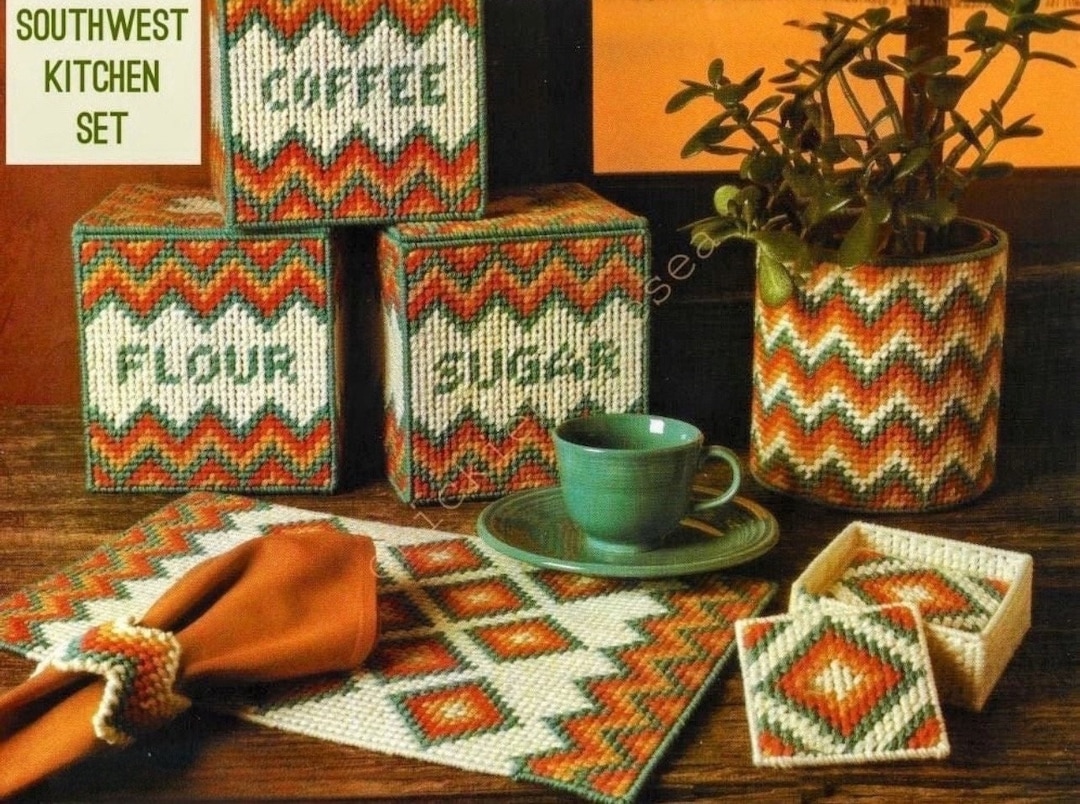 Vintage Plastic Canvas Pattern Southwestern Kitchen Canister Set Flower ...