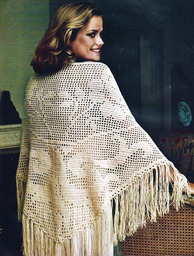 Vintage Filet Crochet Shawl Pattern: Boho Fringe Triangle Wrap (PDF ...