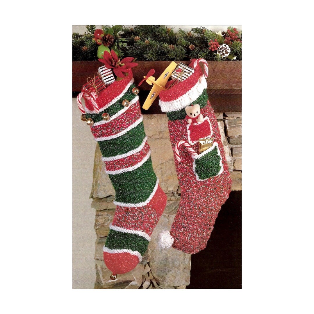 2 Vintage Christmas Stockings Pattern Crochet Pocket Stocking and ...