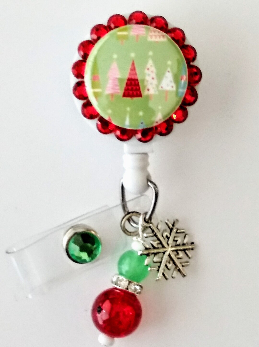 Handmade Christmas Tree Badge Reel: Snowflake Charm, Beaded Slide Clip ...