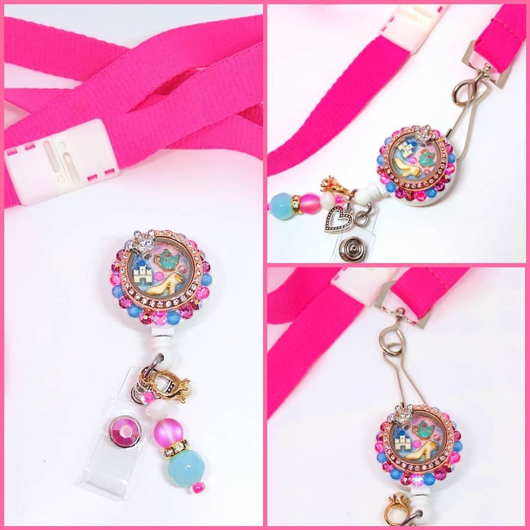 Princess Floating Locket and Pink Lanyard/retractable ID Badge Reel - Etsy