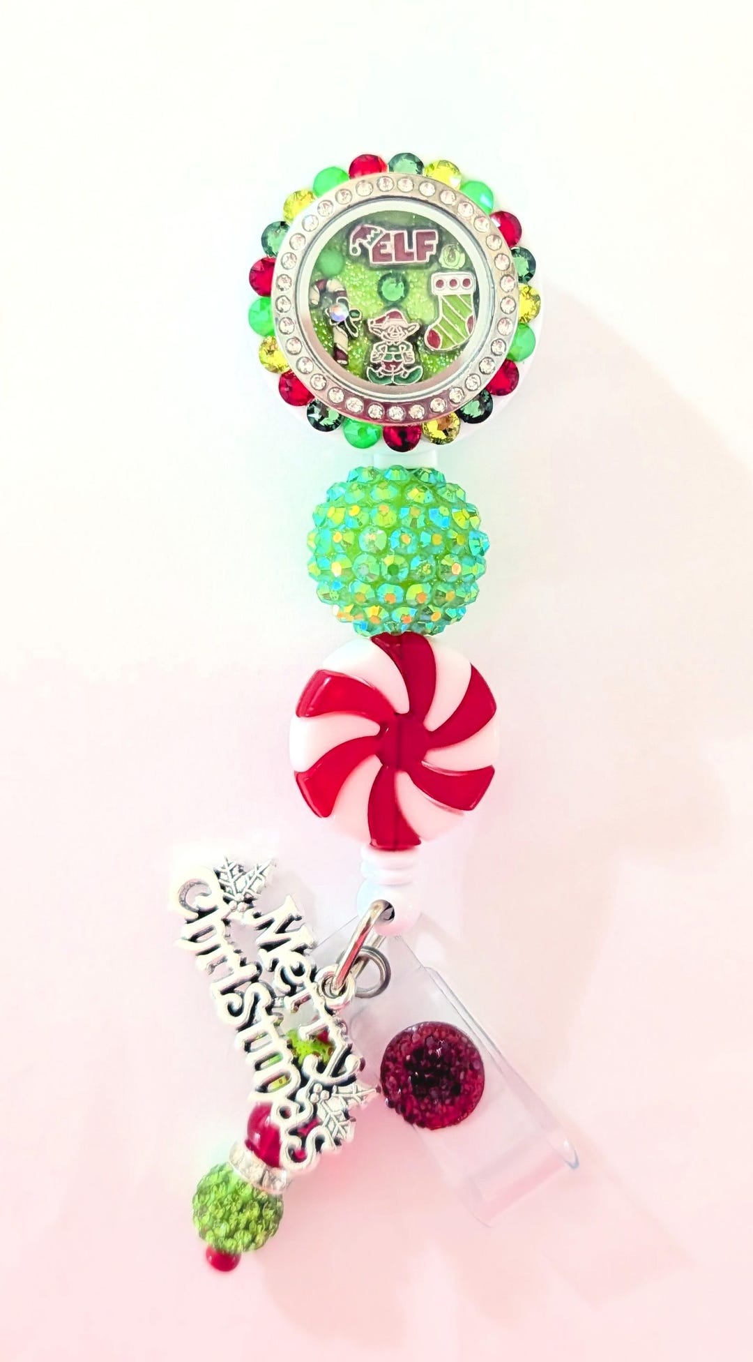 Elf Christmas Floating Charm Locket Beaded Retractable ID Badge Reel ...