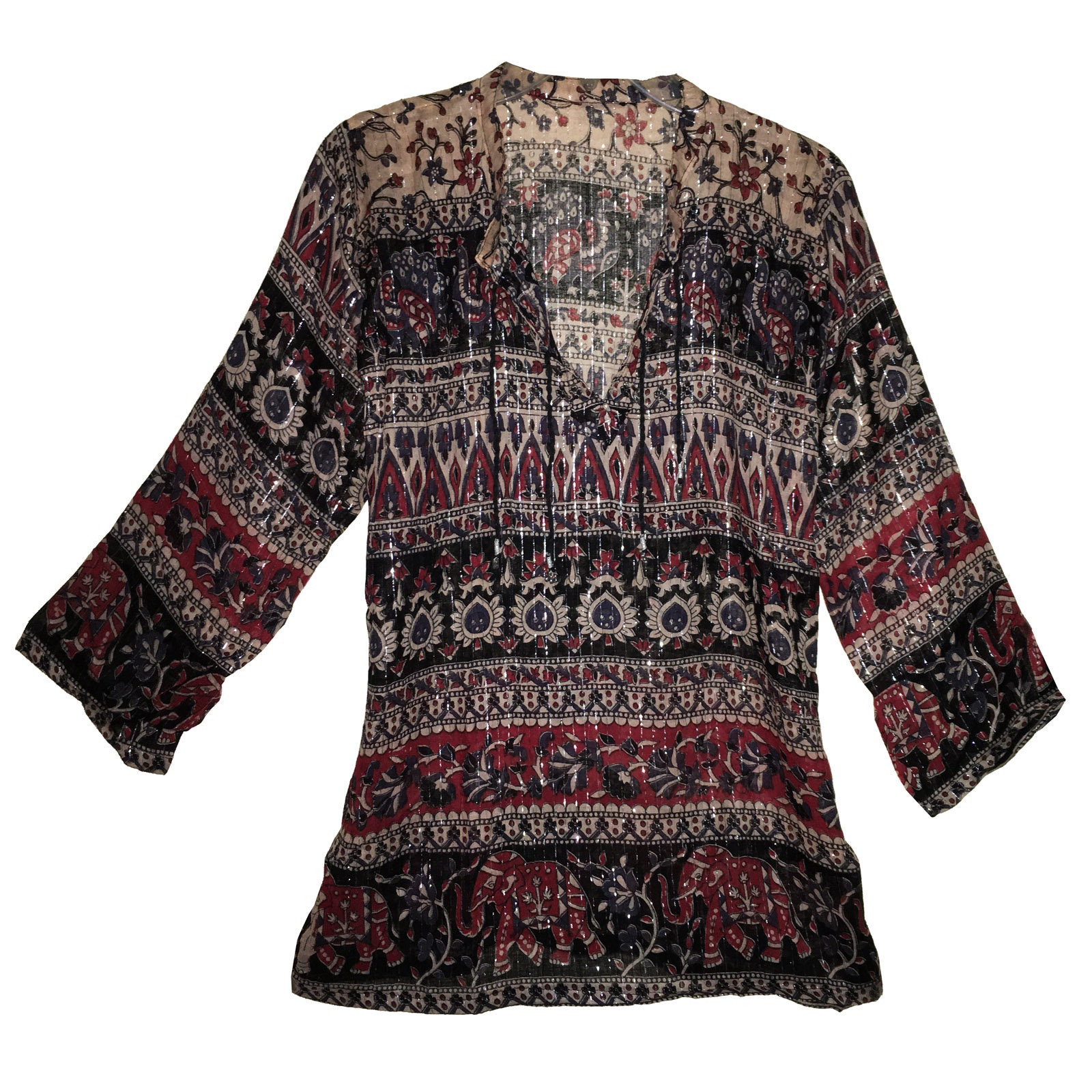 Indian Cotton Lurex Red Black Blouse Tunic for Women Elephant Peacock ...