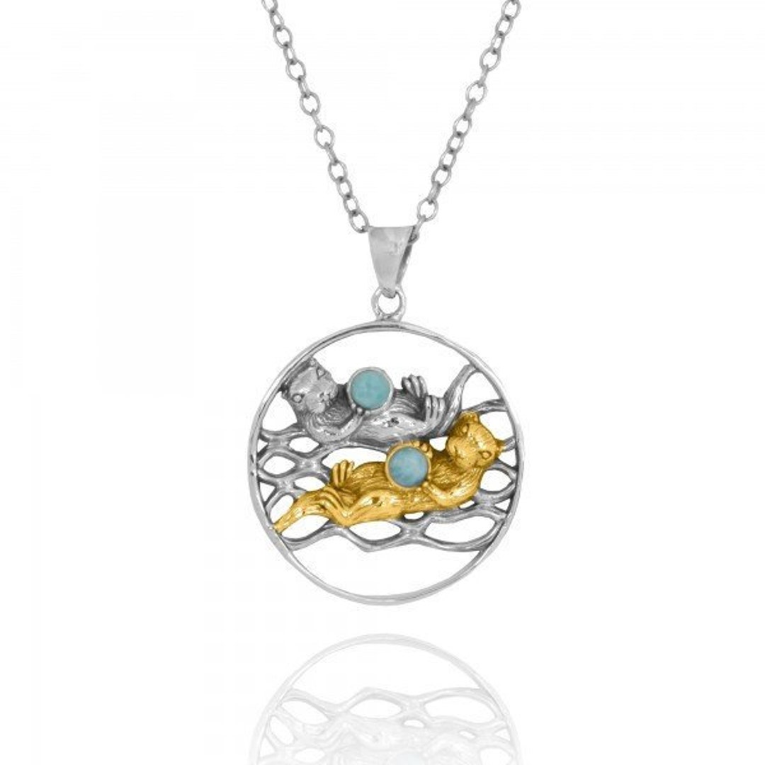 Sea Otter Necklace - 18K Gold Plated Silver Otters Holding Round ...