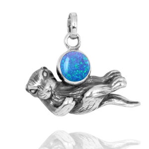 Sea Otter Necklace -floating Sea Otter Holding Round Simulated Blue ...