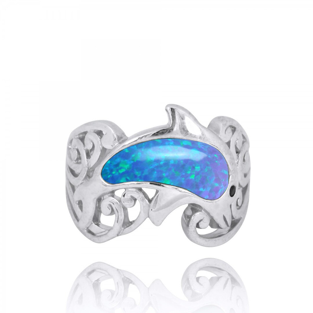 Sterling Silver Dolphin Ring With Simulated Blue Opal and Black Spinel ...