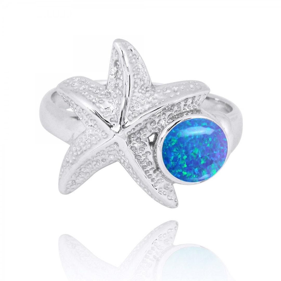 Sterling Silver Starfish Ring With Round Simulated Blue Opal - Sea Life ...