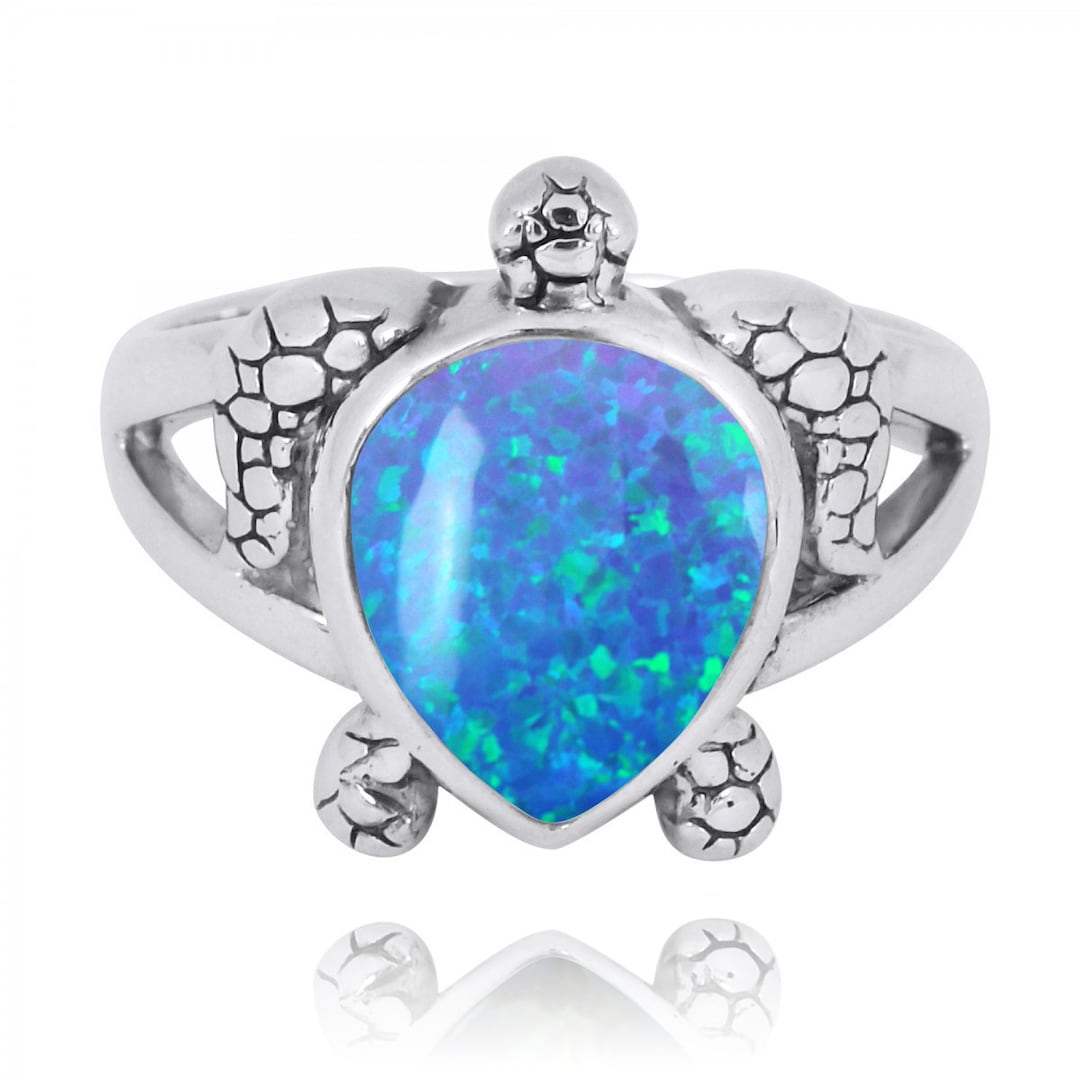 Sterling Silver Turtle Ring With Teardrop Simulated Blue Opal - Sea ...